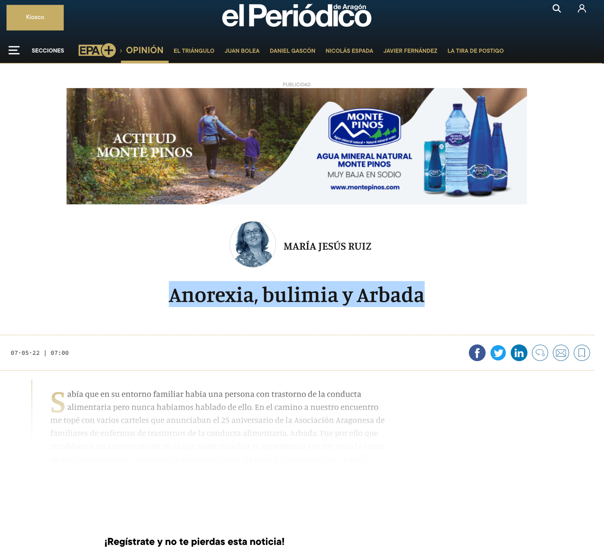 El Periódico de Aragón: "Anorexia, bulimia y Arbada" - Arbada